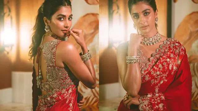 Pooja Hegde Red Colour Saree Photos
